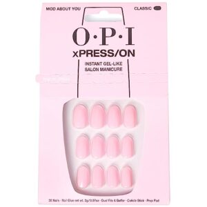 opi xpress/on press on nails, up to 14 days of wear, gel-like salon manicure, vegan, sustainable packaging, with nail glue, short pink nails, mod about you