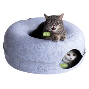 cattasaurus peekaboo cat cave for multiple & large cats up to 30 lbs, scratch detachable & washable tunnel bed (light gray, large)