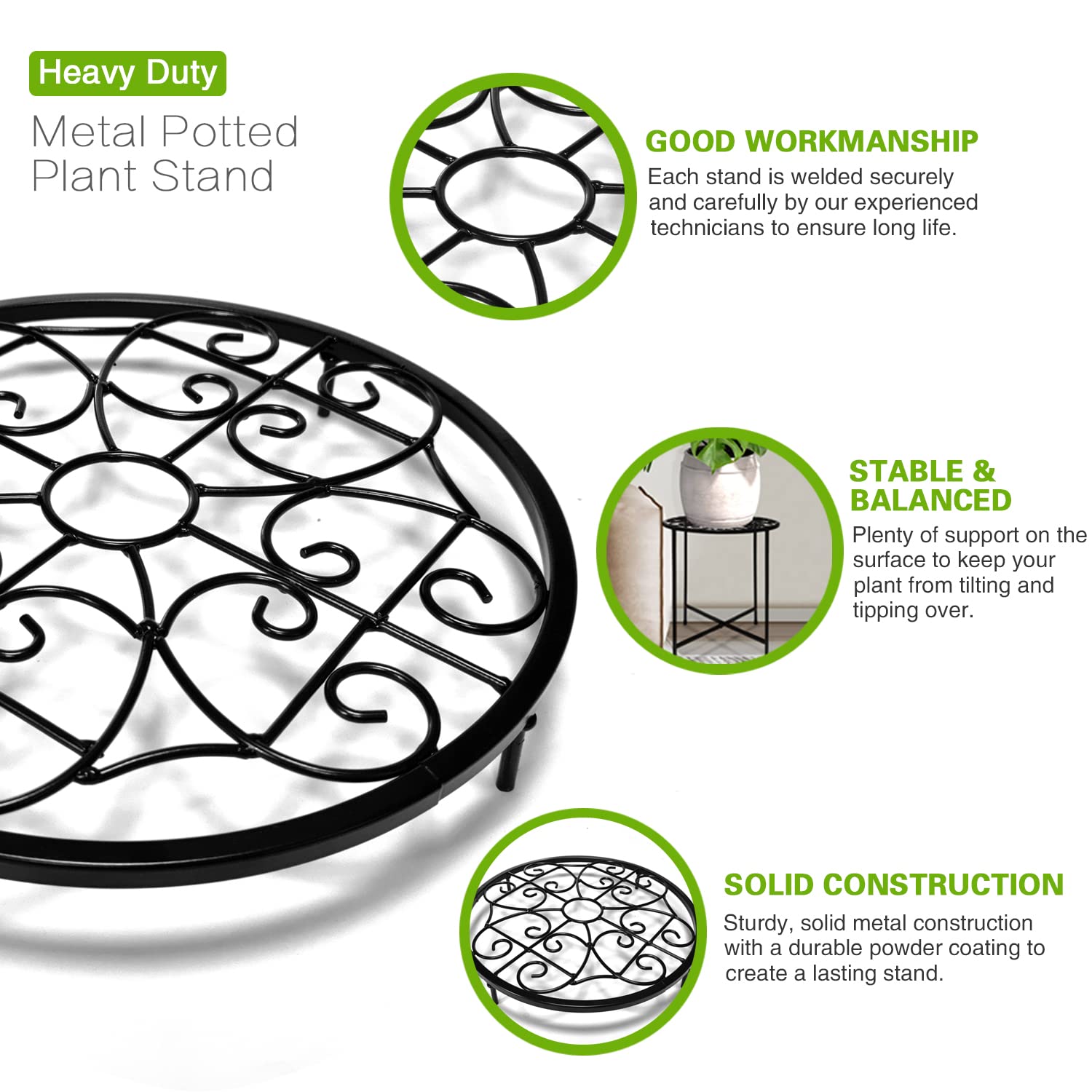 15" Tall Metal Plant Stand, 2 Pack 11" Wide Round Plant Stand for Flower Pots Up to 100lbs, Rustproof Iron Plant Holder for Indoor Outdoor Use, Easy Assemble Flower Stand for Home Garden Display