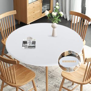 obstal fitted round table cloth, reversible waterproof stain resistant elastic stretch tablecloth, wipe clean table cover for outdoor/indoor use, fits round tables up to 40" - 44" diameter, white