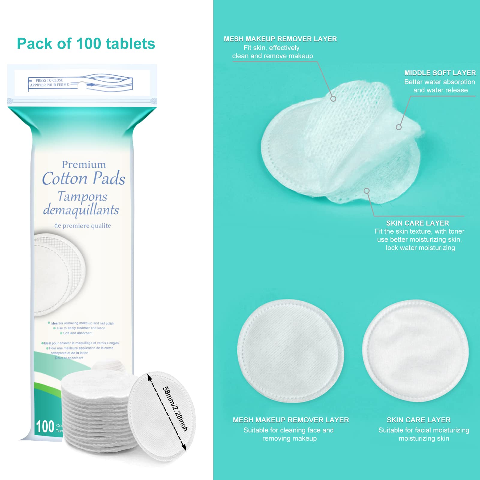 Premium Cotton Rounds for Face 400 Count - Makeup Remover Pads, Hypoallergenic, Lint-Free | 100% Pure Cotton Pads for Face Cleasing, Applying Facial Toner & Nail Polish Remover