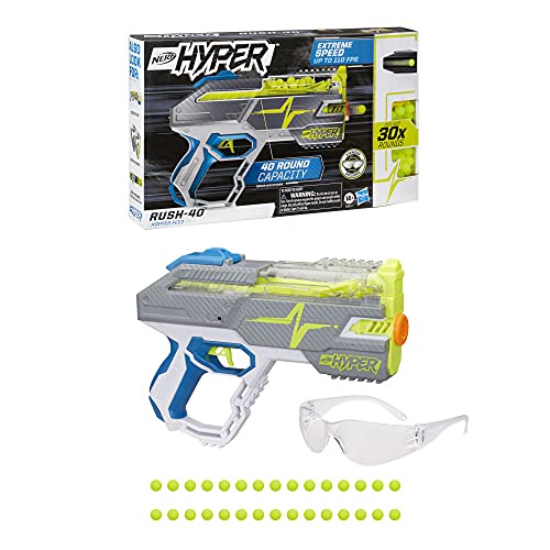 Nerf Hyper Rush-40 Pump-Action Blaster, 30 Hyper Rounds, Eyewear, Up to 110 FPS Velocity, Easy Reload, Holds Up to 40 Rounds