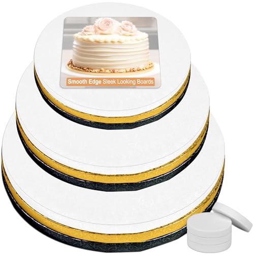 BOARDS+ 9 Pack Cake Drums in 3 Sizes (8, 10, 12 Inch) & in 3 Colors (White, Black, Gold) | 1/2" Thick Cake Board Rounds, Sturdy & Greaseproof | Free Prop Up Tools | Perfect for Heavy/Tiered Cakes