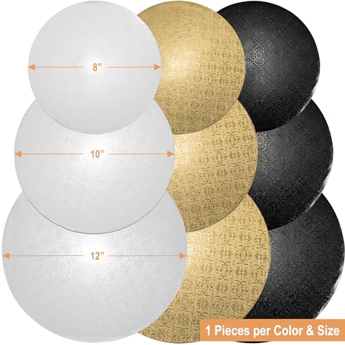 BOARDS+ 9 Pack Cake Drums in 3 Sizes (8, 10, 12 Inch) & in 3 Colors (White, Black, Gold) | 1/2" Thick Cake Board Rounds, Sturdy & Greaseproof | Free Prop Up Tools | Perfect for Heavy/Tiered Cakes