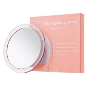 santoo 15x magnifying mirror - with 3 mounting suction cups - used for precise makeup - eyebrows/tweezing - blackhead/blemish removal - bathroom/travel makeup mirror - 6 inch round (rose gold)