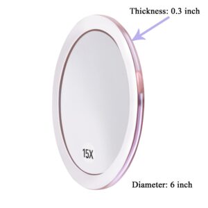 SANTOO 15X Magnifying Mirror - with 3 Mounting Suction Cups - Used for Precise Makeup - Eyebrows/Tweezing - Blackhead/Blemish Removal - Bathroom/Travel Makeup Mirror - 6 Inch Round (Rose Gold)