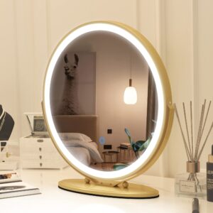 vlsrka 20 inch vanity mirror with lights, round led makeup mirror, large makeup mirror with lights, high definition lighted up mirror for bedroom, touch control 3 color dimmable, 360° rotation, gold