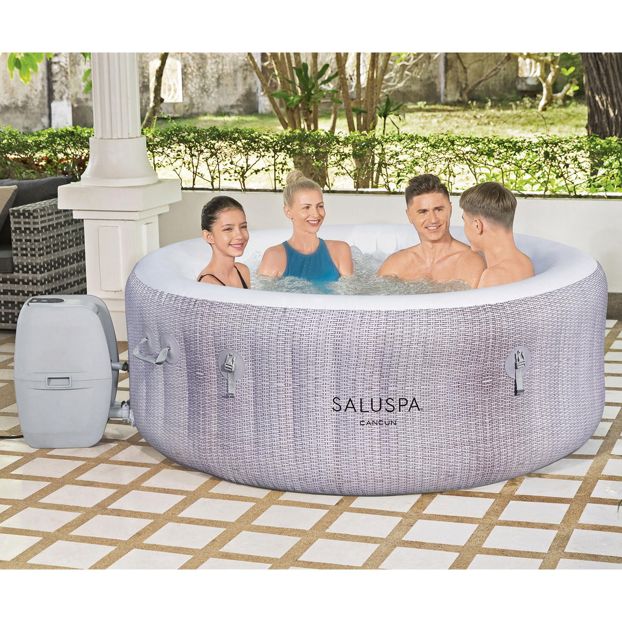 Bestway SaluSpa Cancun AirJet 2 to 4 Person Inflatable Hot Tub, 71 x 26 Inch Round Portable Outdoor Spa with 120 Soothing Jets and Cover, Gray