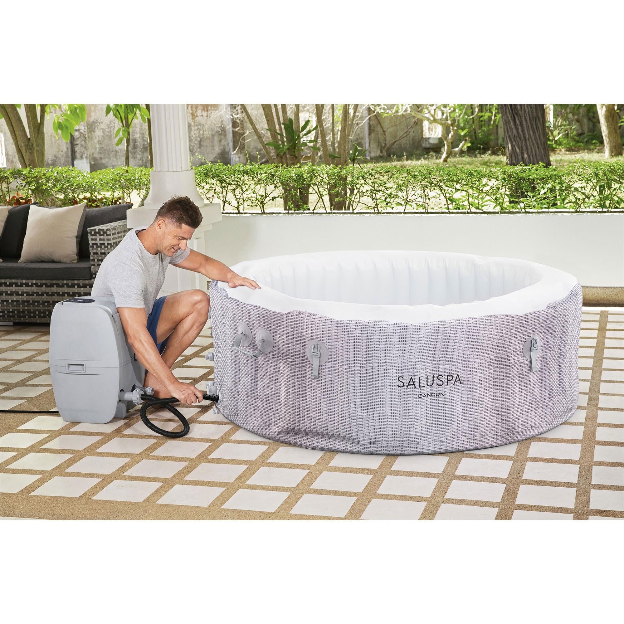 Bestway SaluSpa Cancun AirJet 2 to 4 Person Inflatable Hot Tub, 71 x 26 Inch Round Portable Outdoor Spa with 120 Soothing Jets and Cover, Gray