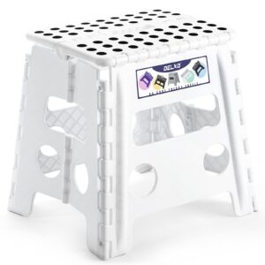 delxo 13" folding step stool for kids and adults, non-slip foldable step stools with handle,plastic portable folding stool for bathroom,bedroom,kitchen,hold up to 300lbs white