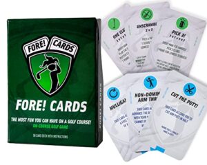 fore! cards on-course golf game | fun interactive golf game | spice up your next round | 50 card deck makes every hole a different challenge | perfect for any golfer