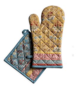 maison d' hermine oven mitt & pot holder 100% cotton set of heat resistant oven gloves (7.5"x13") & hot pads (8"x8"), bbq, cooking, baking, grilling, marquise - spring/summer