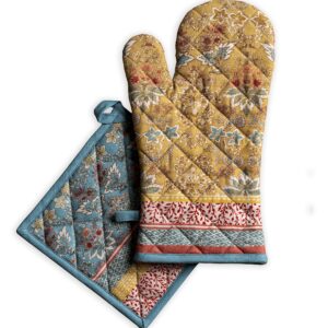 Maison d' Hermine Oven Mitt & Pot Holder 100% Cotton Set of Heat Resistant Oven Gloves (7.5"x13") & Hot Pads (8"x8"), BBQ, Cooking, Baking, Grilling, Marquise - Spring/Summer