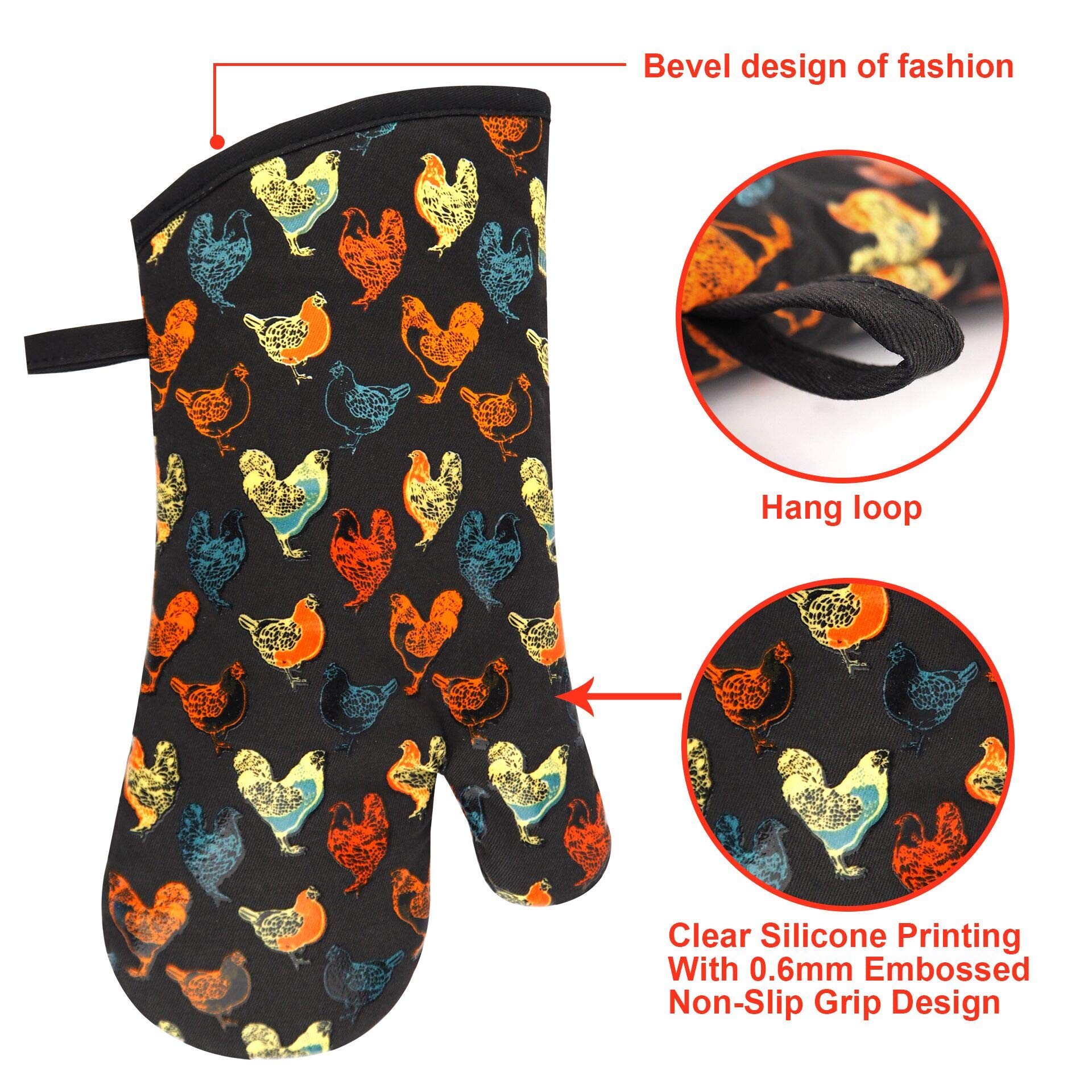 Oven Mitts Gloves 1 Pair Heat Resistant 480 ℉ Non Slip Clear Silicone Printed Rooster Comfortable Cotton Lining Kitchen Men Cooking Barbecue Machine Washable (Rooster, Black Mittens)