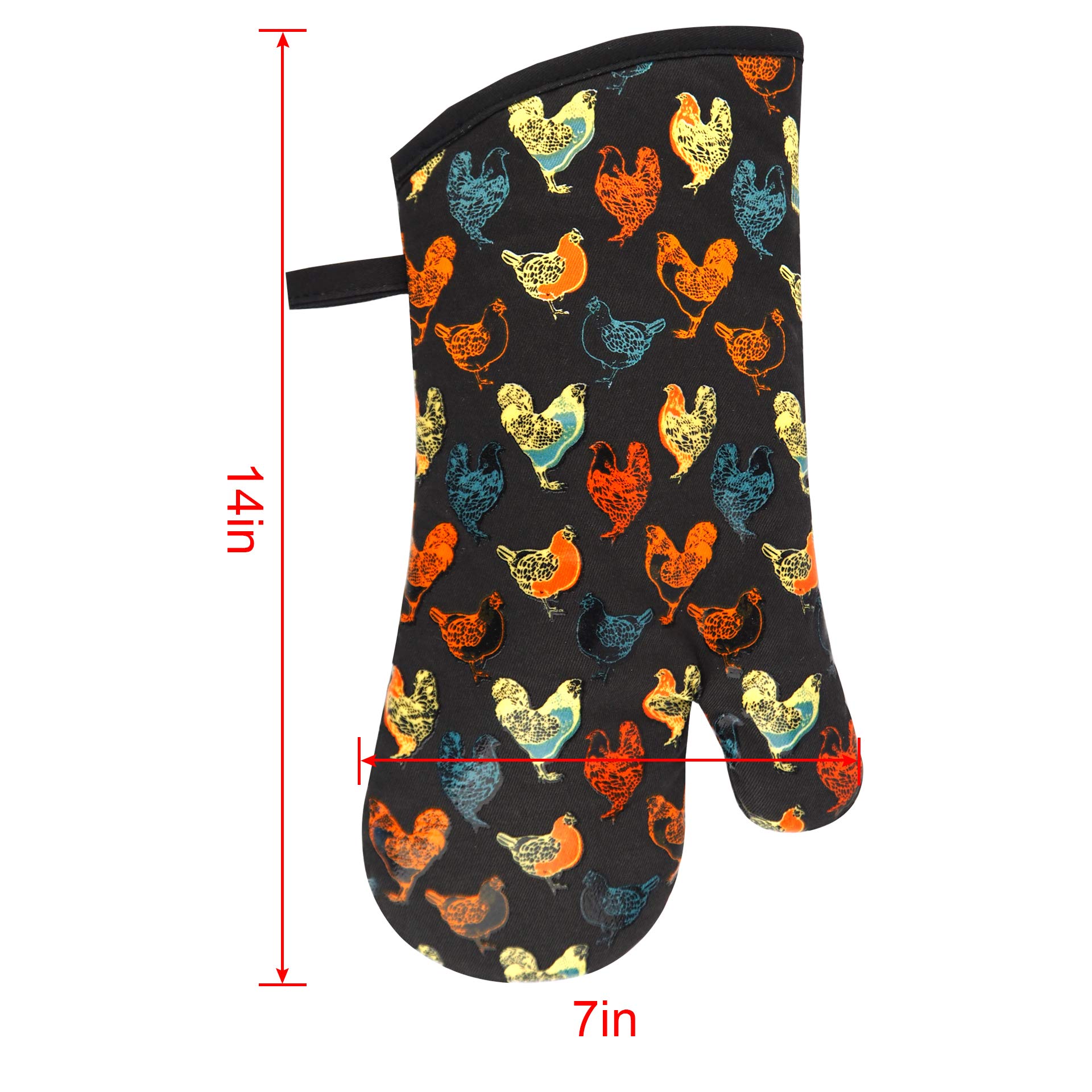 Oven Mitts Gloves 1 Pair Heat Resistant 480 ℉ Non Slip Clear Silicone Printed Rooster Comfortable Cotton Lining Kitchen Men Cooking Barbecue Machine Washable (Rooster, Black Mittens)