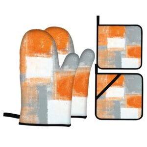 orange grey oven mitts and pot holders sets of 4 modern abstract art oven mitts oven gloves pot holders and oven mitts for kitchen baking cooking grilling (orange)