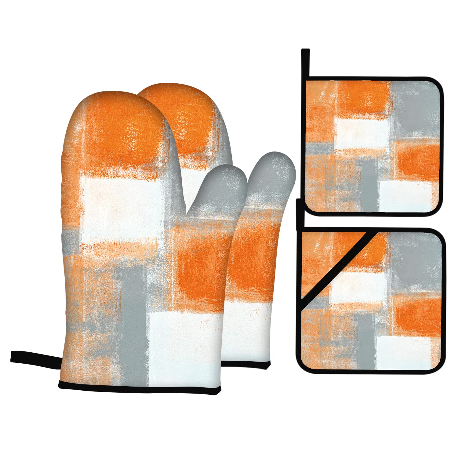 Orange Grey Oven Mitts and Pot Holders Sets of 4 Modern Abstract Art Oven Mitts Oven Gloves Pot Holders and Oven Mitts for Kitchen Baking Cooking Grilling (Orange)