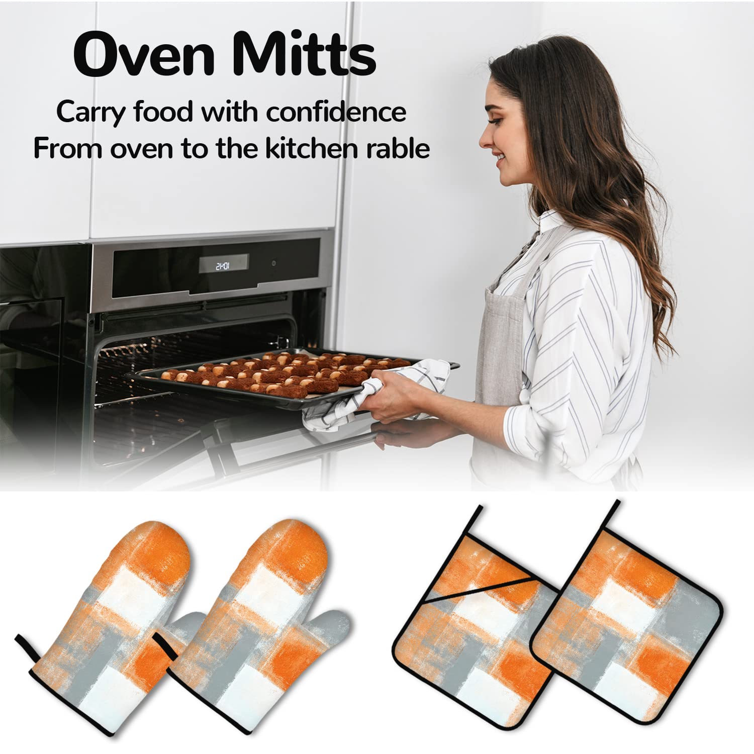 Orange Grey Oven Mitts and Pot Holders Sets of 4 Modern Abstract Art Oven Mitts Oven Gloves Pot Holders and Oven Mitts for Kitchen Baking Cooking Grilling (Orange)