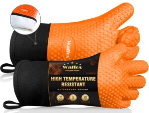 walfos silicone bbq gloves - heat resistant grilling gloves, premium non-slip kitchen oven mitt with protective cotton layer inside, waterproof, great for grilling, kitchen and cooking, orange