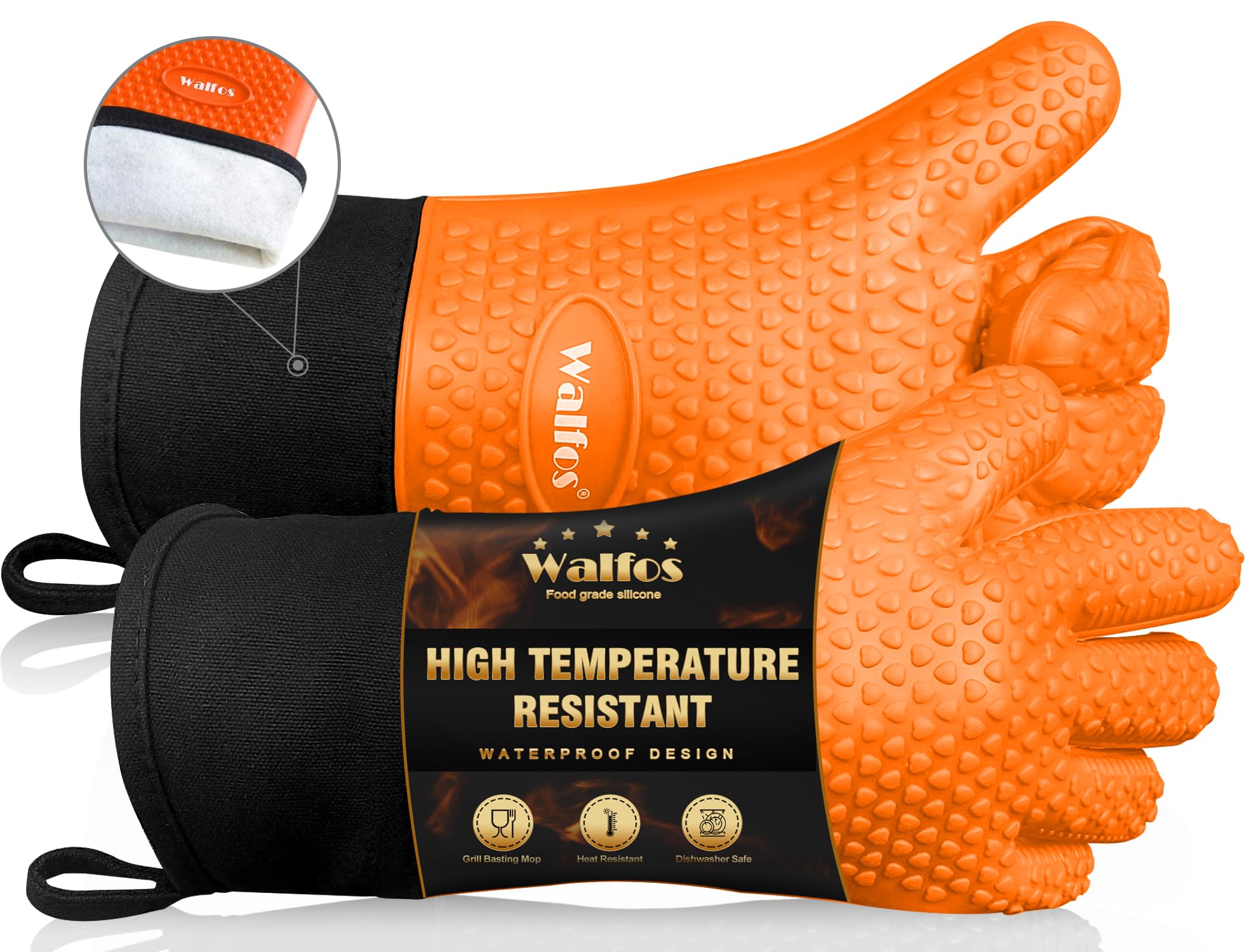 Walfos Silicone BBQ Gloves - Heat Resistant Grilling Gloves, Premium Non-Slip Kitchen Oven Mitt with Protective Cotton Layer Inside, Waterproof, Great for Grilling, Kitchen and Cooking, Orange