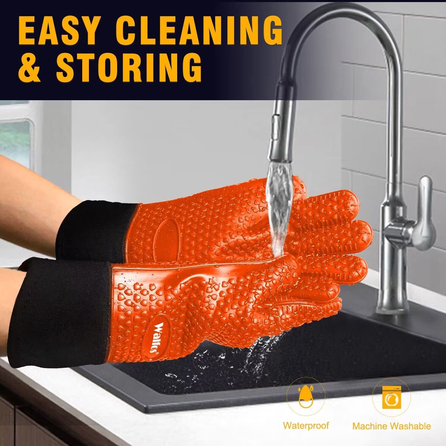 Walfos Silicone BBQ Gloves - Heat Resistant Grilling Gloves, Premium Non-Slip Kitchen Oven Mitt with Protective Cotton Layer Inside, Waterproof, Great for Grilling, Kitchen and Cooking, Orange