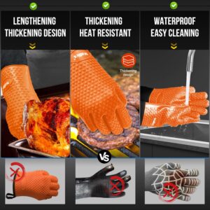 Walfos Silicone BBQ Gloves - Heat Resistant Grilling Gloves, Premium Non-Slip Kitchen Oven Mitt with Protective Cotton Layer Inside, Waterproof, Great for Grilling, Kitchen and Cooking, Orange