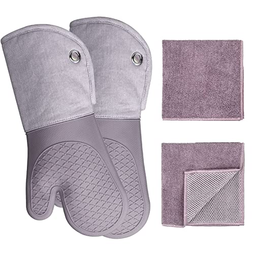 Professional microwave silicone oven mitts Yarn-dyed 1 pair and Kitchen Towels 2 pcs, kitchen lines set for heat resistant with 500 degrees, kitchen gloves pot holder for BBQ cooking baking (Purple)