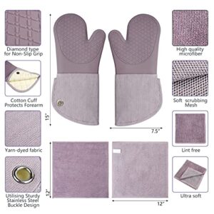 Professional microwave silicone oven mitts Yarn-dyed 1 pair and Kitchen Towels 2 pcs, kitchen lines set for heat resistant with 500 degrees, kitchen gloves pot holder for BBQ cooking baking (Purple)