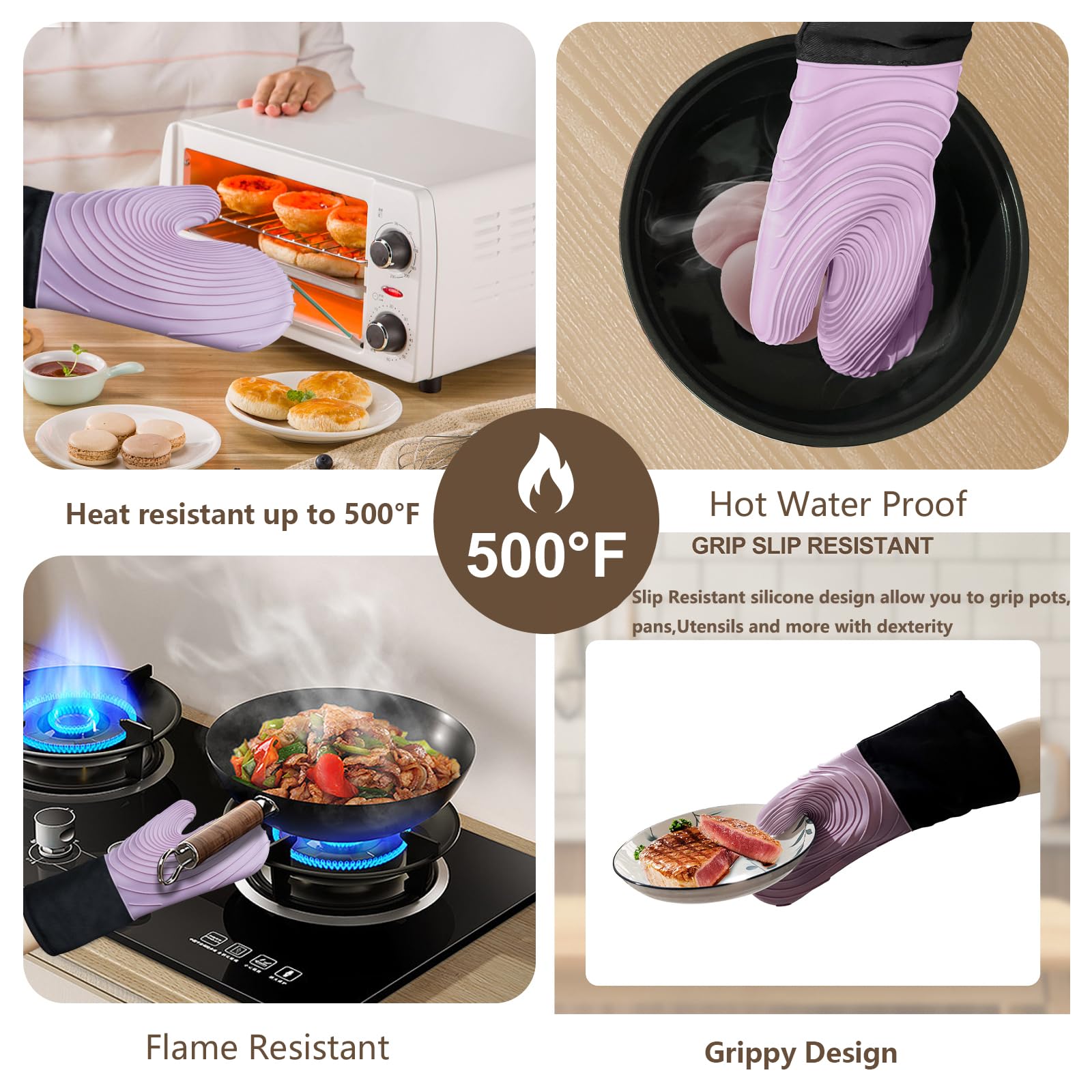 Tayfeim Silicone Oven Mitts - Oven Mitts Heat Resistant 500F 13.6 IN,FDA BPA-Free Soft Lining Grippy Design Waterproof Flexible Oven Gloves,Oven Mits Set for Cooking baking Kitchen Mittens Pot Holders