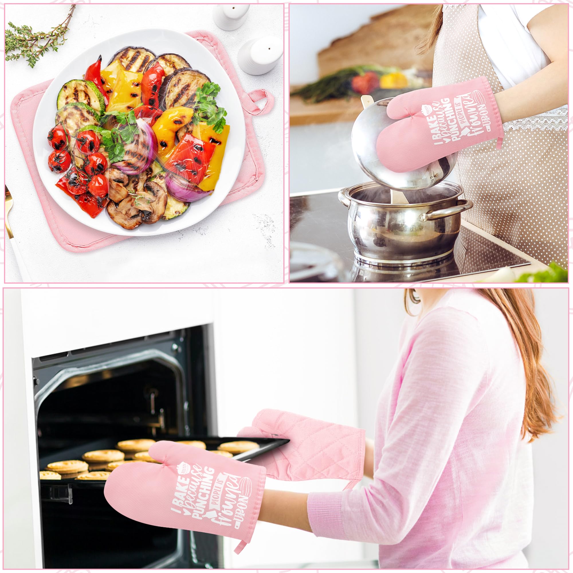 GROBRO7 6Pcs Cotton Oven Mitts Pot Holders Funny Women Resistant Hot Pads Machine Washable Microwave Gloves with Hanging Loop Pocket Potholder for Kitchen Baking Cooking GrillingPink