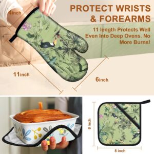 Swooflia Oven Mitts Pot Holders Set 4 PCS for Kitchen, Heat Resistant Hot Pads Mittens Gloves for Cooking Grilling Baking BBQ Grove Bird Pot Holders Cook Essentials Accessories Home Microwave Safe