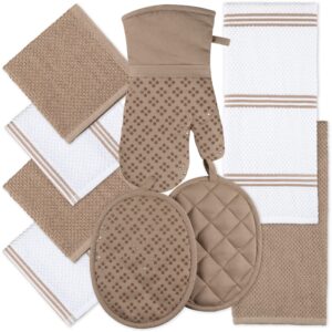 kitchen towels dishcloths oven mitts and pot holders set of 9, oeko-tex 100% cotton terry dish towels & dish cloths, non-slip silicone, tan