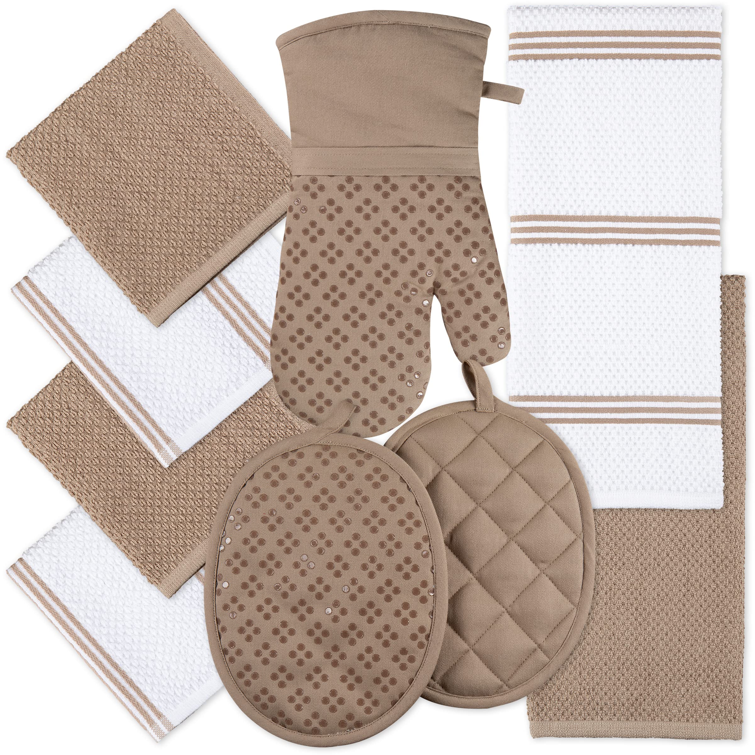 Kitchen Towels Dishcloths Oven Mitts and Pot Holders Set of 9, Oeko-Tex 100% Cotton Terry Dish Towels & Dish Cloths, Non-Slip Silicone, Tan