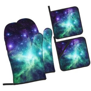 Oven Mitts and Pot Holders Set of 4 Green Blue Purple Galaxy Print Kitchen Oven Glove Fashion Heat Resistant Oven Gloves Set for BBQ Grill Baking Cooking Oven Microwave