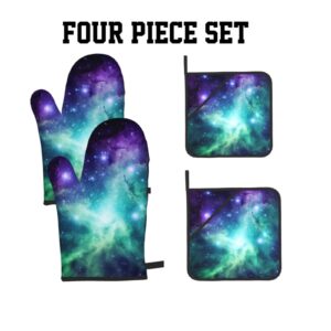 Oven Mitts and Pot Holders Set of 4 Green Blue Purple Galaxy Print Kitchen Oven Glove Fashion Heat Resistant Oven Gloves Set for BBQ Grill Baking Cooking Oven Microwave