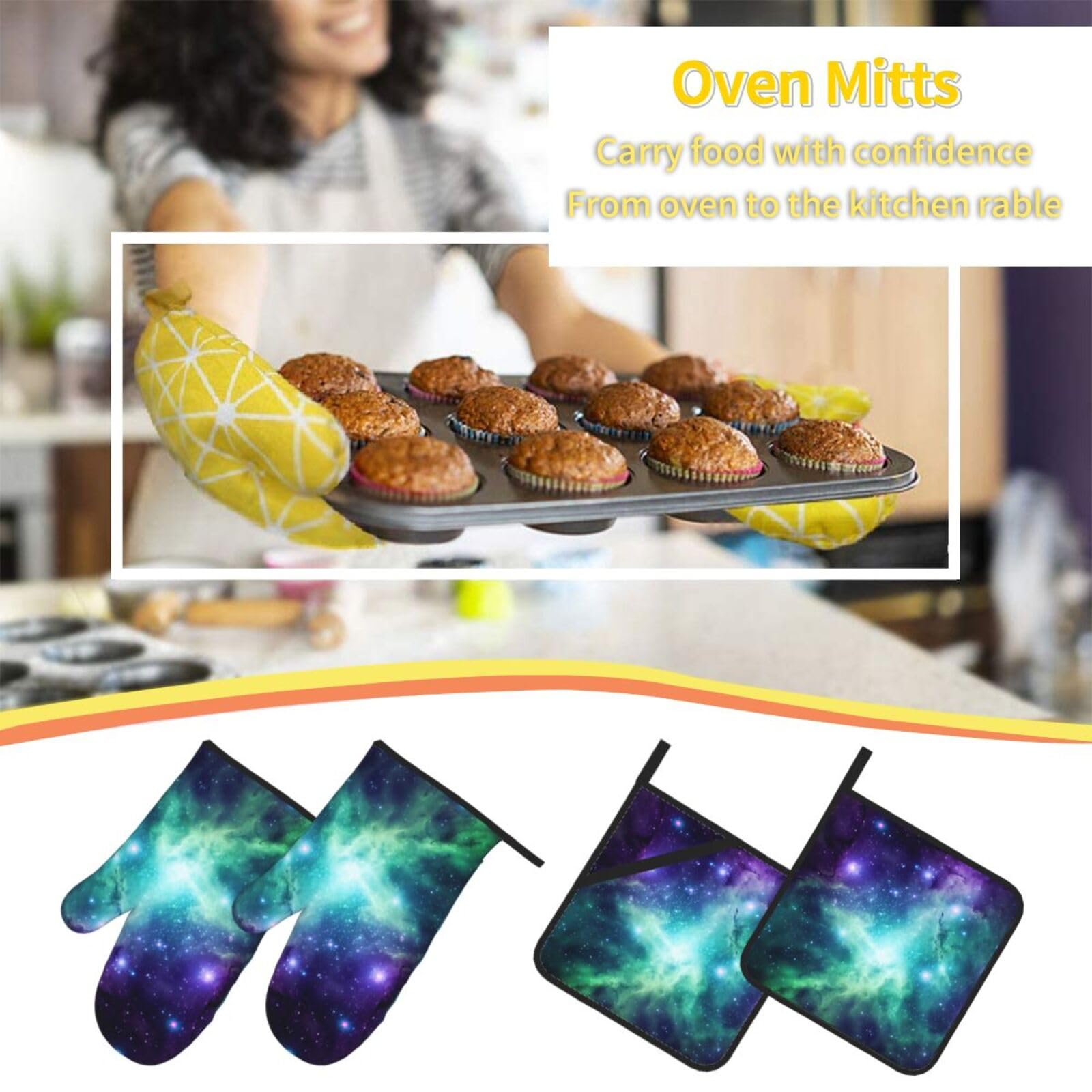 Oven Mitts and Pot Holders Set of 4 Green Blue Purple Galaxy Print Kitchen Oven Glove Fashion Heat Resistant Oven Gloves Set for BBQ Grill Baking Cooking Oven Microwave