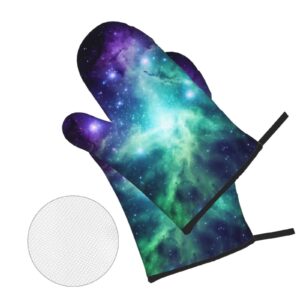 Oven Mitts and Pot Holders Set of 4 Green Blue Purple Galaxy Print Kitchen Oven Glove Fashion Heat Resistant Oven Gloves Set for BBQ Grill Baking Cooking Oven Microwave