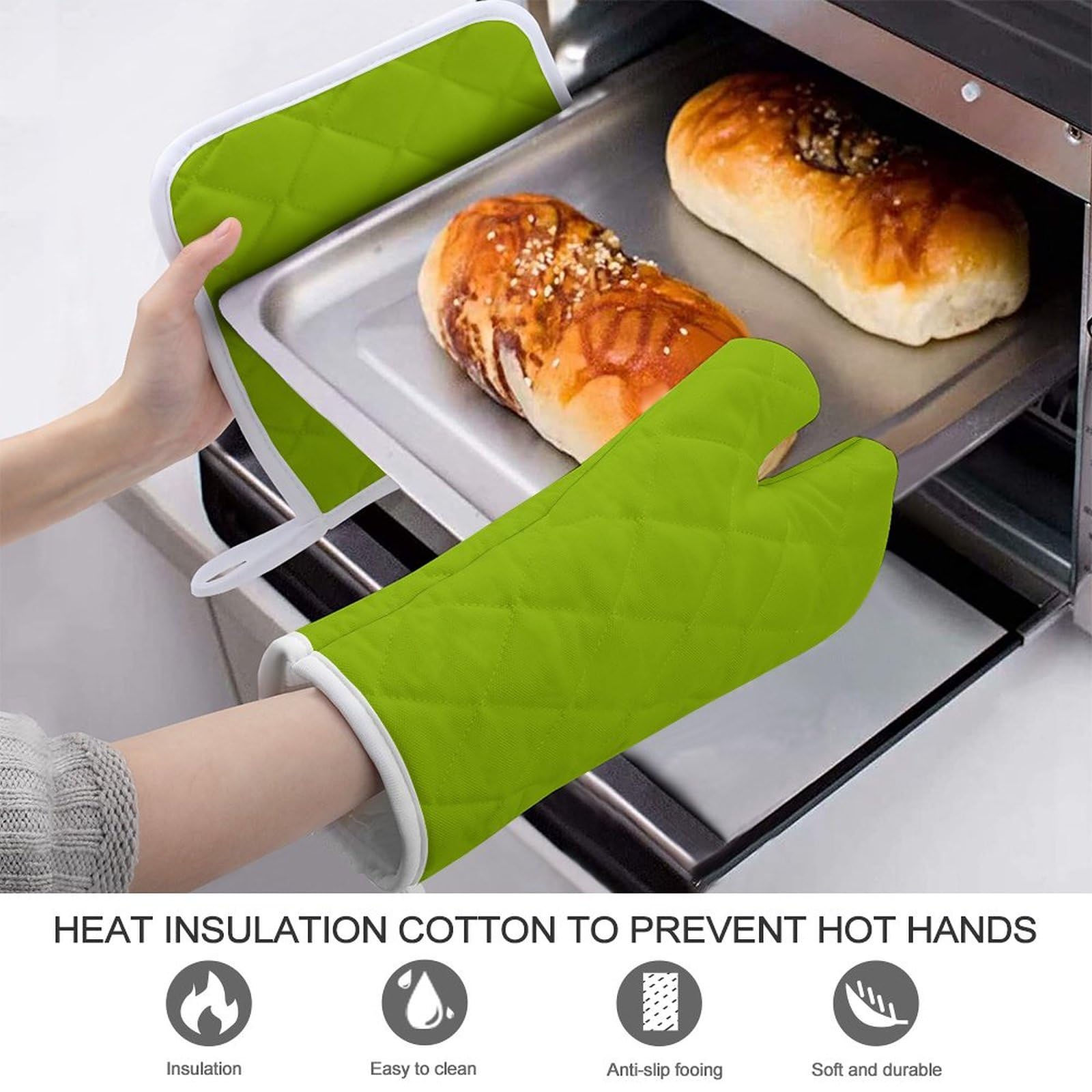 2Pcs Oven Mitts and Pot Holders Set, Lime Green White Oven Mitts Gloves Set Heat Resistant Hot Pads for Kitchen Cooking Grill