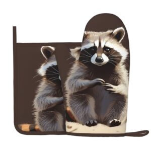 cute raccoon printed oven mitts and pot holders sets heat resistant kitchen oven gloves potholders set extra long non-slip silicone gloves for cooking baking bbq