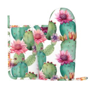 cactus flower printed oven mitts and pot holders sets heat resistant kitchen oven gloves potholders set extra long non-slip silicone gloves for cooking baking bbq