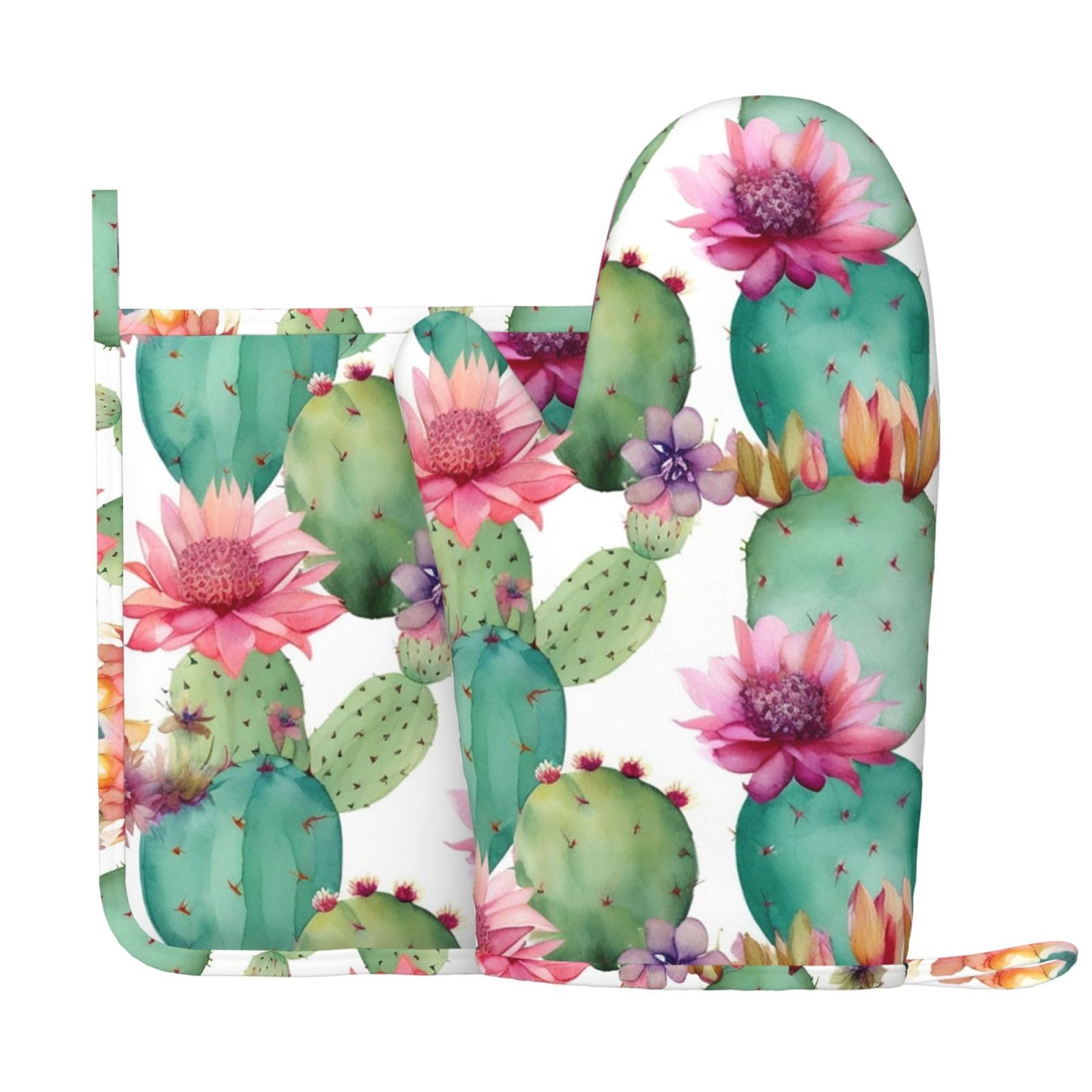 Cactus Flower Printed Oven Mitts and Pot Holders Sets Heat Resistant Kitchen Oven Gloves Potholders Set Extra Long Non-Slip Silicone Gloves for Cooking Baking BBQ