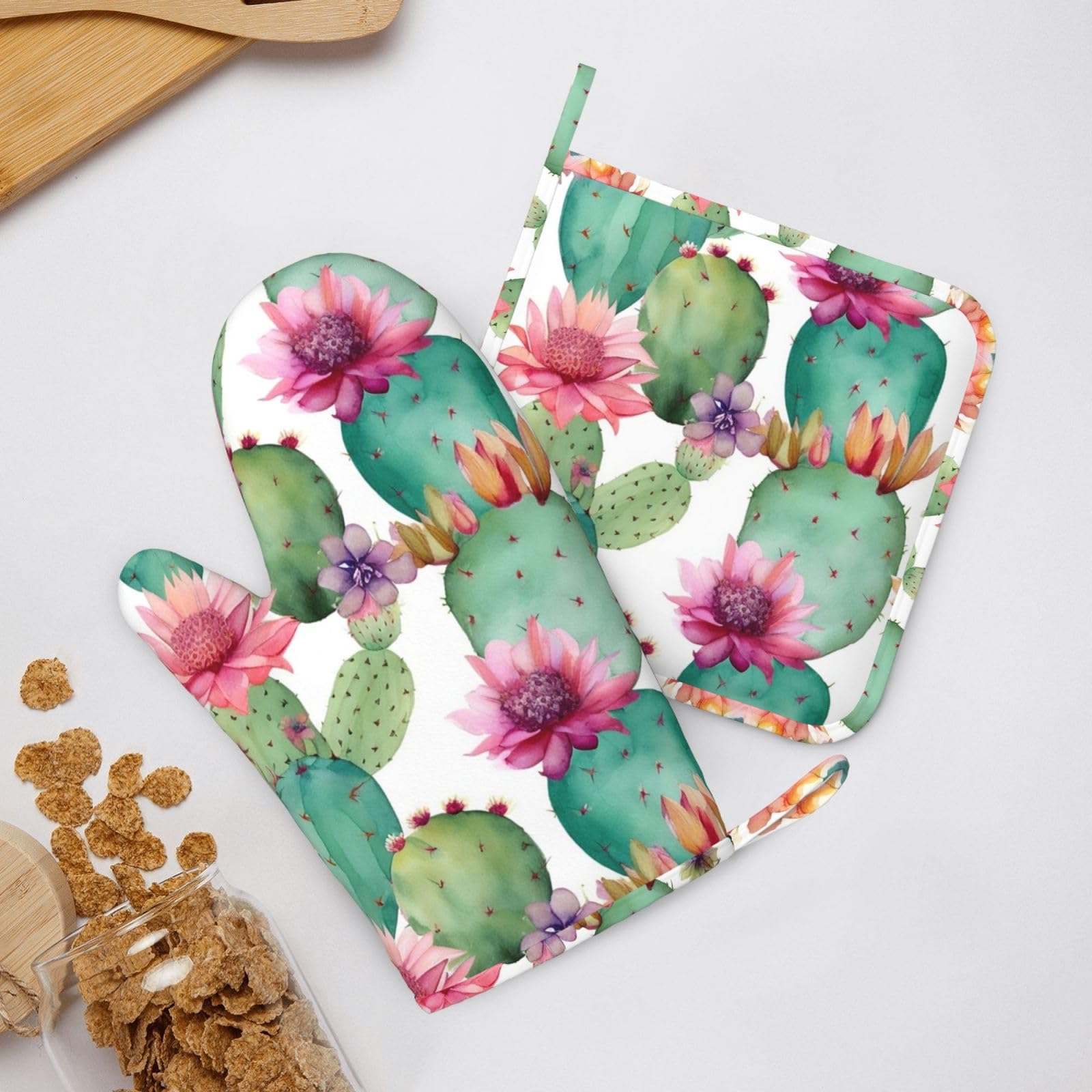 Cactus Flower Printed Oven Mitts and Pot Holders Sets Heat Resistant Kitchen Oven Gloves Potholders Set Extra Long Non-Slip Silicone Gloves for Cooking Baking BBQ