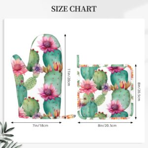 Cactus Flower Printed Oven Mitts and Pot Holders Sets Heat Resistant Kitchen Oven Gloves Potholders Set Extra Long Non-Slip Silicone Gloves for Cooking Baking BBQ