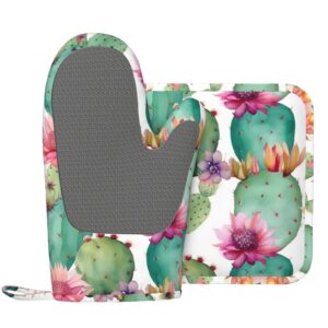 Cactus Flower Printed Oven Mitts and Pot Holders Sets Heat Resistant Kitchen Oven Gloves Potholders Set Extra Long Non-Slip Silicone Gloves for Cooking Baking BBQ