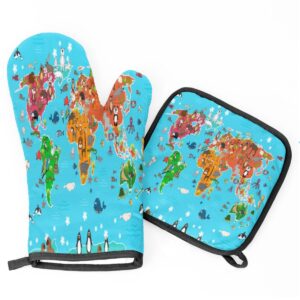 cute animal world oven mitts and pot holders sets of 2 heat resistant non-slip kitchen gloves hot pads with inner cotton layer for cooking bbq baking grilling