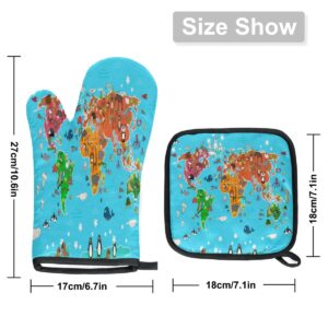 Cute Animal World Oven Mitts and Pot Holders Sets of 2 Heat Resistant Non-Slip Kitchen Gloves Hot Pads with Inner Cotton Layer for Cooking BBQ Baking Grilling