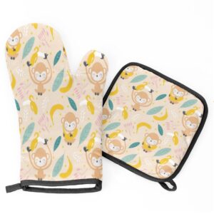 cute monkey banana oven mitts and pot holders sets of 2 heat resistant non-slip kitchen gloves hot pads with inner cotton layer for cooking bbq baking grilling