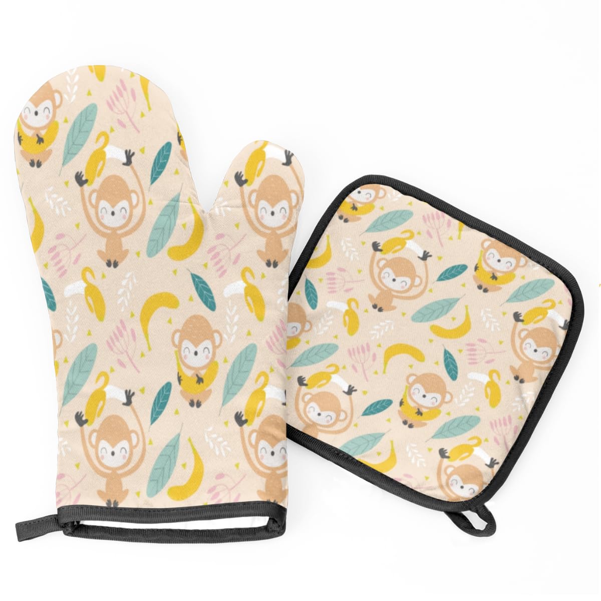 Cute Monkey Banana Oven Mitts and Pot Holders Sets of 2 Heat Resistant Non-Slip Kitchen Gloves Hot Pads with Inner Cotton Layer for Cooking BBQ Baking Grilling