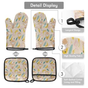 Cute Monkey Banana Oven Mitts and Pot Holders Sets of 2 Heat Resistant Non-Slip Kitchen Gloves Hot Pads with Inner Cotton Layer for Cooking BBQ Baking Grilling