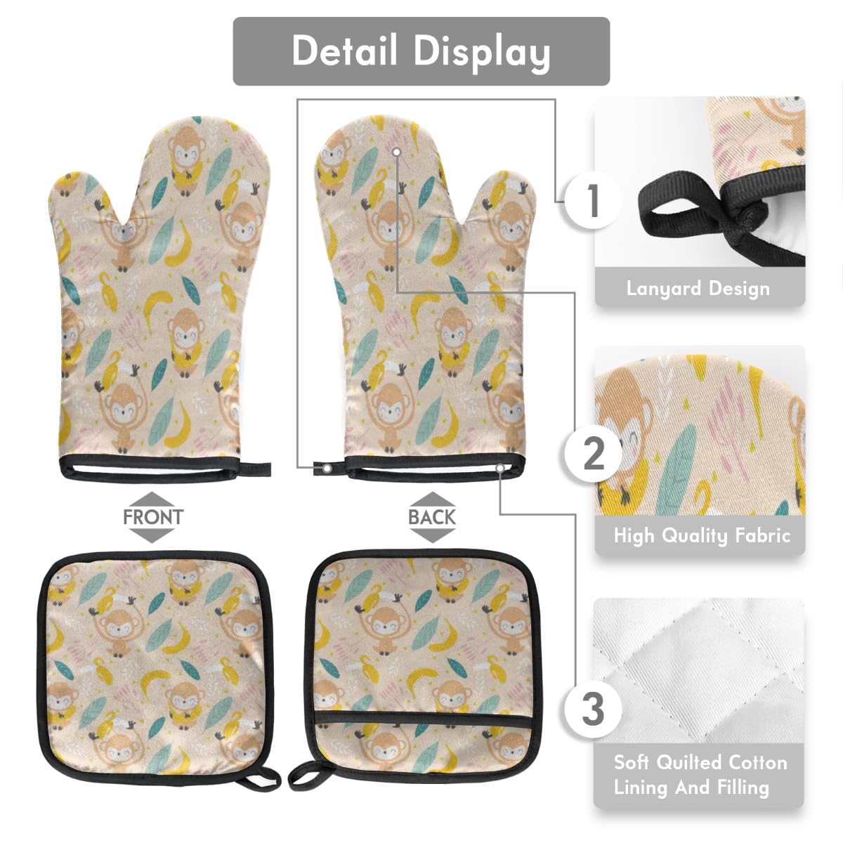 Cute Monkey Banana Oven Mitts and Pot Holders Sets of 2 Heat Resistant Non-Slip Kitchen Gloves Hot Pads with Inner Cotton Layer for Cooking BBQ Baking Grilling